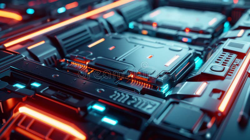 Wide Angle of an Ev Battery with Neon Lights in Detail Stock ...