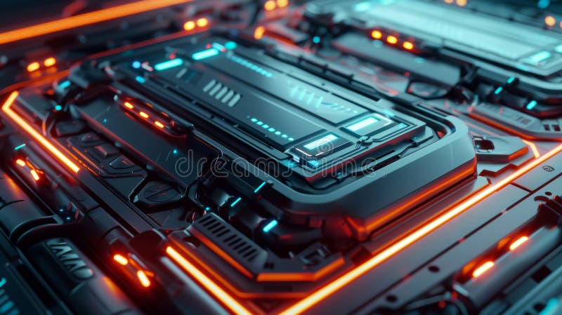 Wide Angle of an Ev Battery with Neon Lights in Detail Stock ...