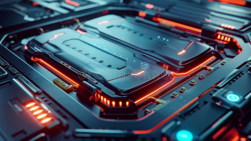 Wide Angle of an Ev Battery with Neon Lights in Detail Stock ...