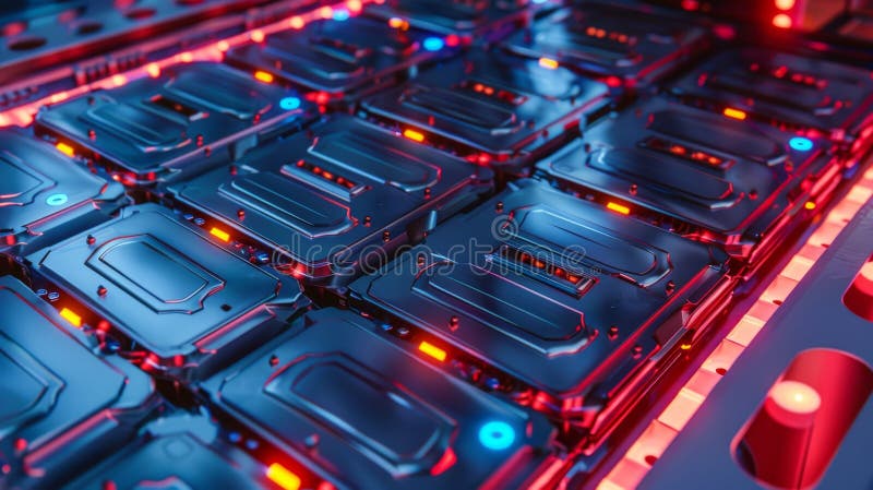 Wide Angle of an Ev Battery with Neon Lights in Detail Stock ...