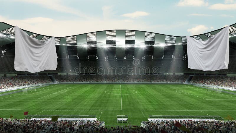 Wide-angle Image of Empty Soccer Stadium with Two Large Blank Flags ...