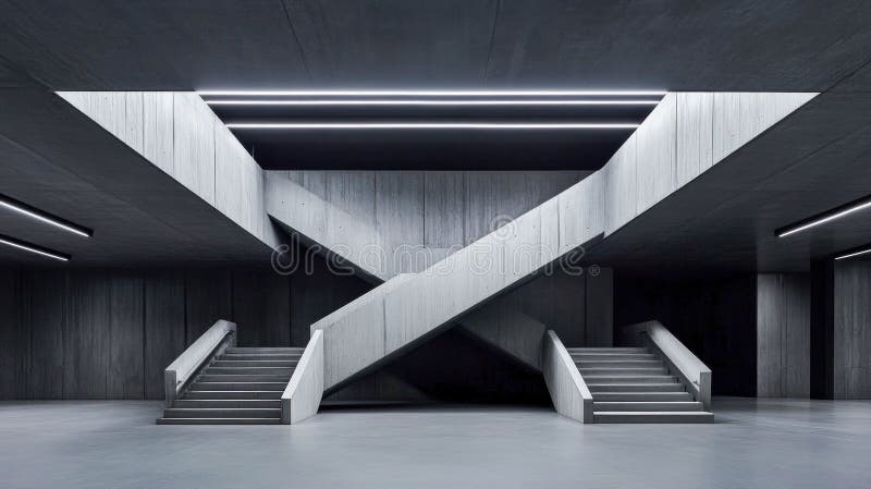 Wide-Angle Interior with X-Shaped Staircase Walls and Concrete Textures ...