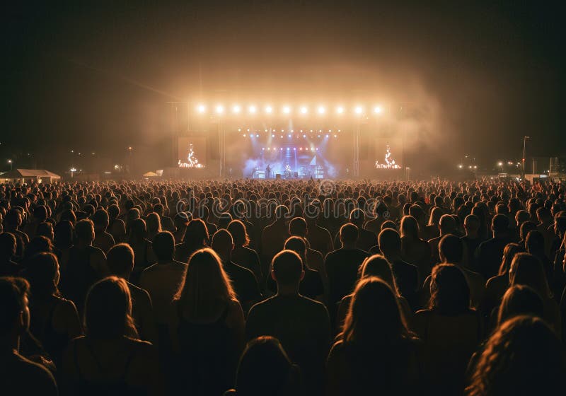 Wide Angle Landscape Perspective of Dense Crowd Facing Distant Stage ...