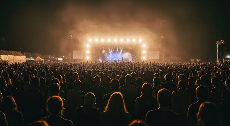 Wide Angle Landscape Perspective of Dense Crowd Facing Distant Stage ...