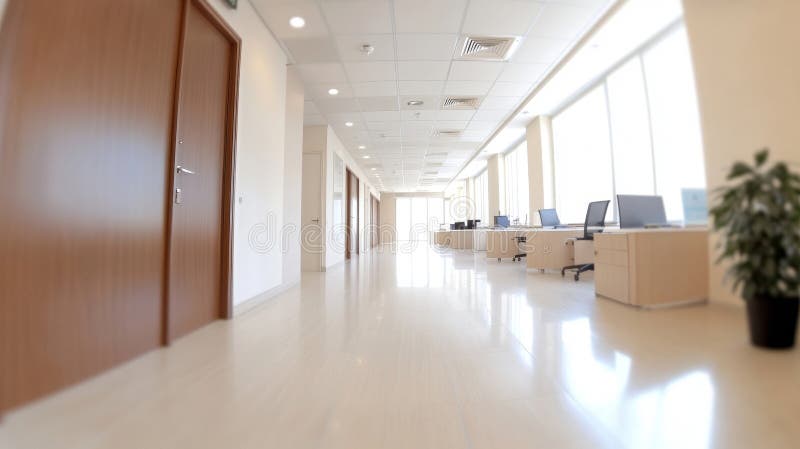 Wide Angle Luminous Office Corridor Stretching through Workspace ...