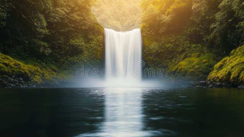 Wide-angle Minimalist Image Capturing a Waterfall Cascading into a ...