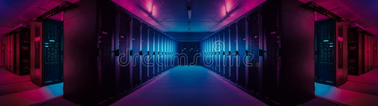 Wide-Angle Panorama Shot of a Working Data Center with Rows of Rack ...