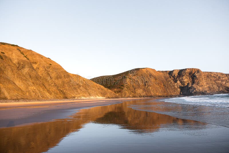 Wide-angle Panoramic View of the Ocean Coast at Sunset Stock Photo ...