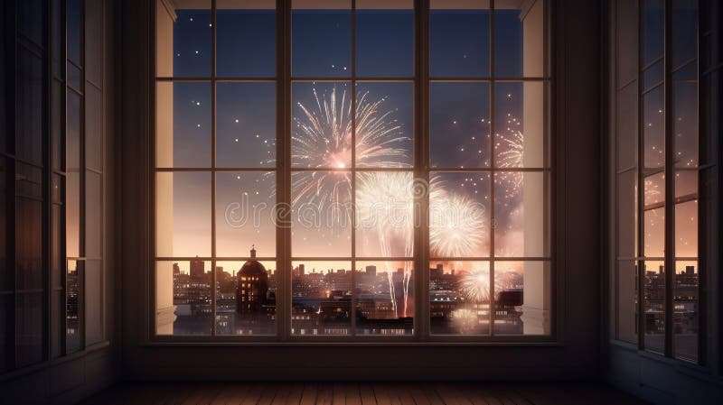 Panoramic Window with Fireworks Background. Ai Generative Stock ...