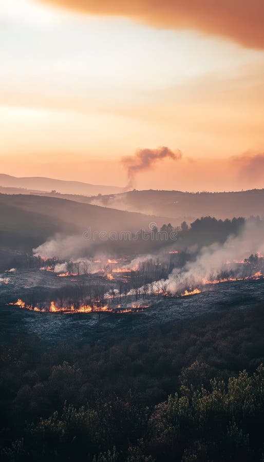 Wide Angle Perspective of a Hazy Landscape with Blurry Distant Fires ...
