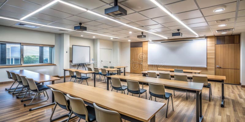 Wide-Angle Perspective of a Modern Classroom with Wooden Desks and ...