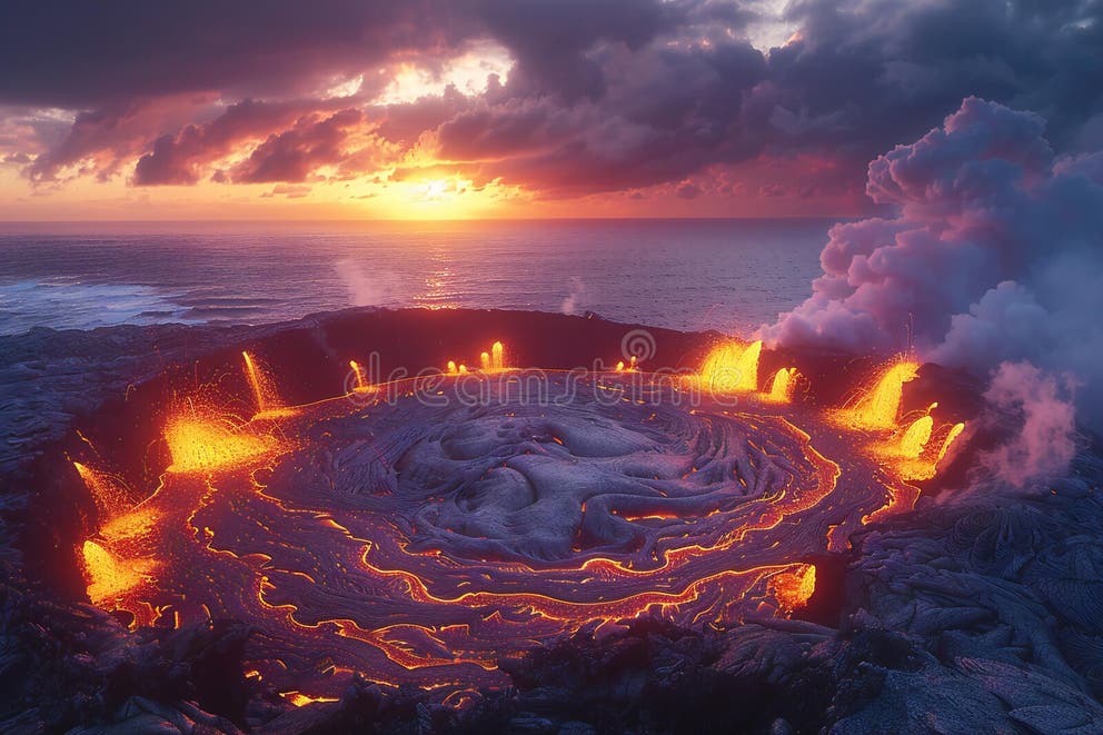 Wide Angle Photo of the Inside of an Active Volcano at Sunset, with ...