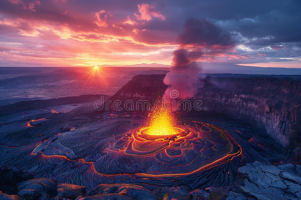 Wide Angle Photo of the Inside of an Active Volcano at Sunset, with ...
