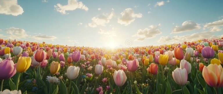 A Wide-angle Scene of a Tulip Field Glowing in the Spring Sunlight ...