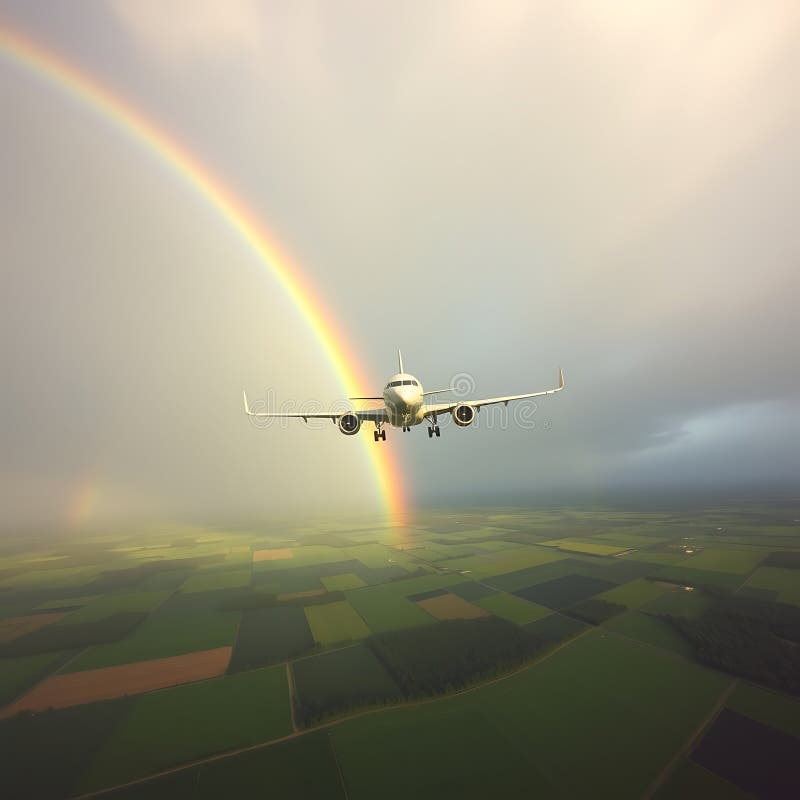 Wide Angle Shot of an Airplane Flying through a Rainbow after Rain with ...