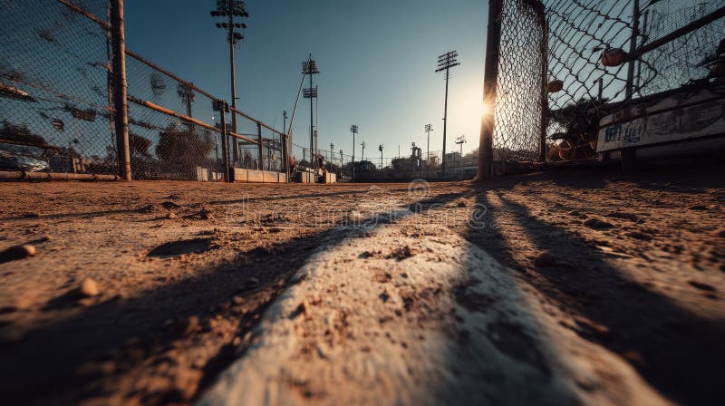 Wide Angle Shot of a Baseball Field at Sunset with Fence and Shadows ...