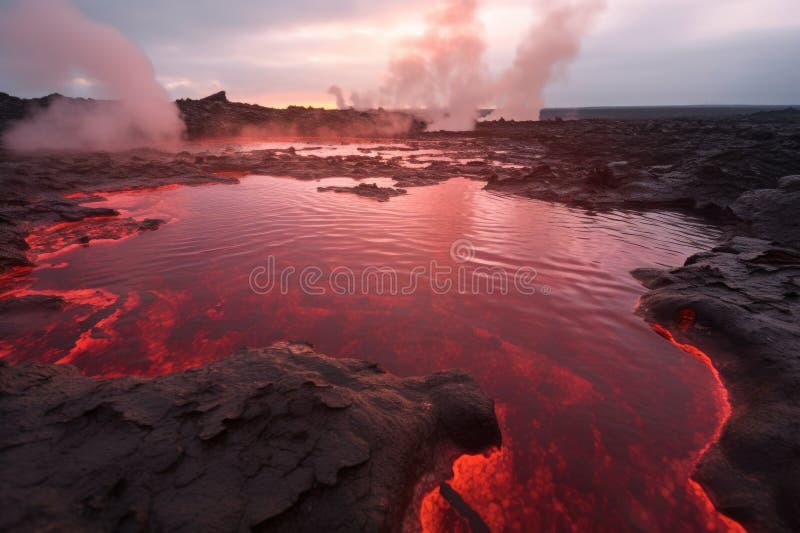 Wide-angle Shot of Boiling Lava Lake in Remote Volcano Stock Photo ...