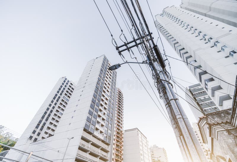 Electrical Pole with Cables; Houses in the Background Stock Image ...