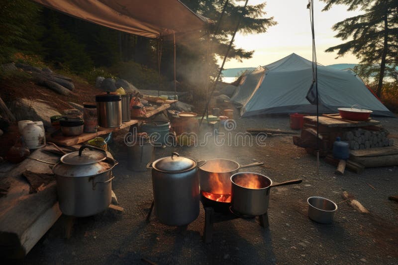 Wide-angle Shot of Campsite and Cioppino Cooking Setup Stock ...