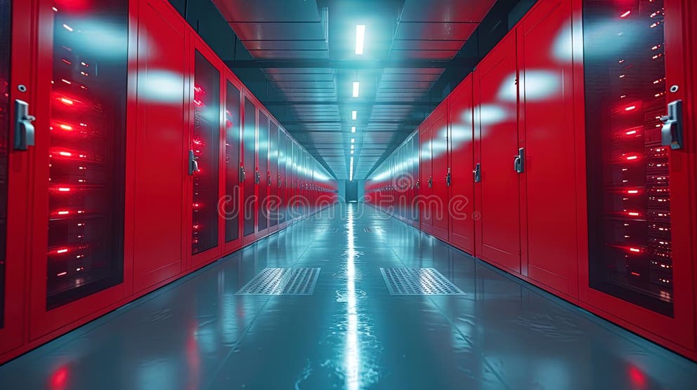 Wide-angle Shot Captures the Length of a Data Center Corridor, Emphasizing the Scale and ...
