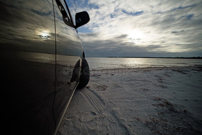 Wide Angle Shot of Car Reaching the Beach Destination Stock Photo ...
