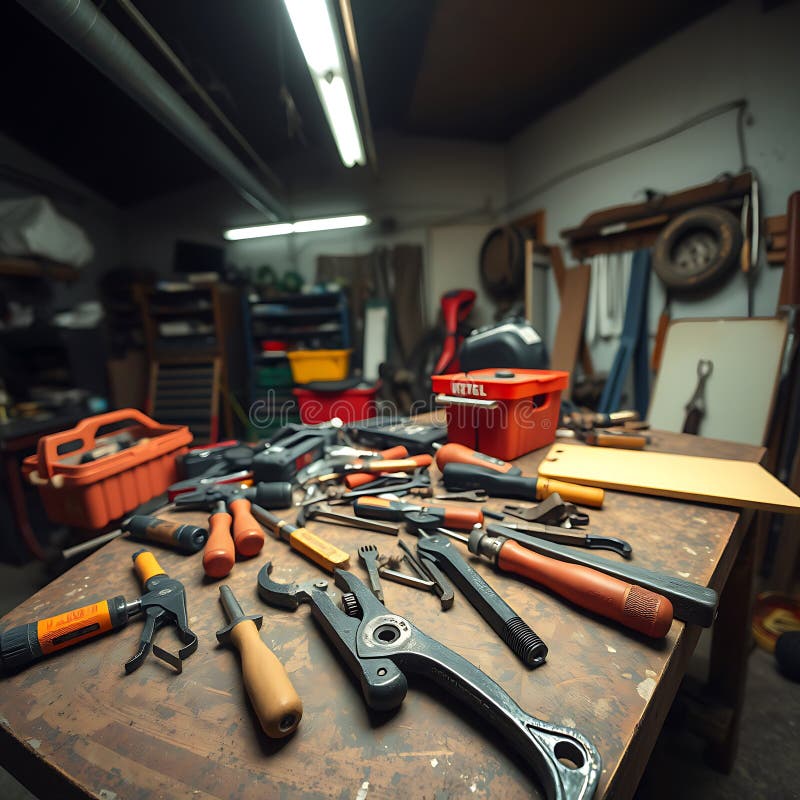 A Wide Angle Shot of a Cluttered Workbench with Several Prying Tools ...