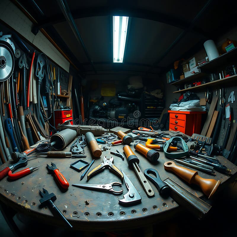 A Wide Angle Shot of a Cluttered Workbench with Several Prying Tools ...