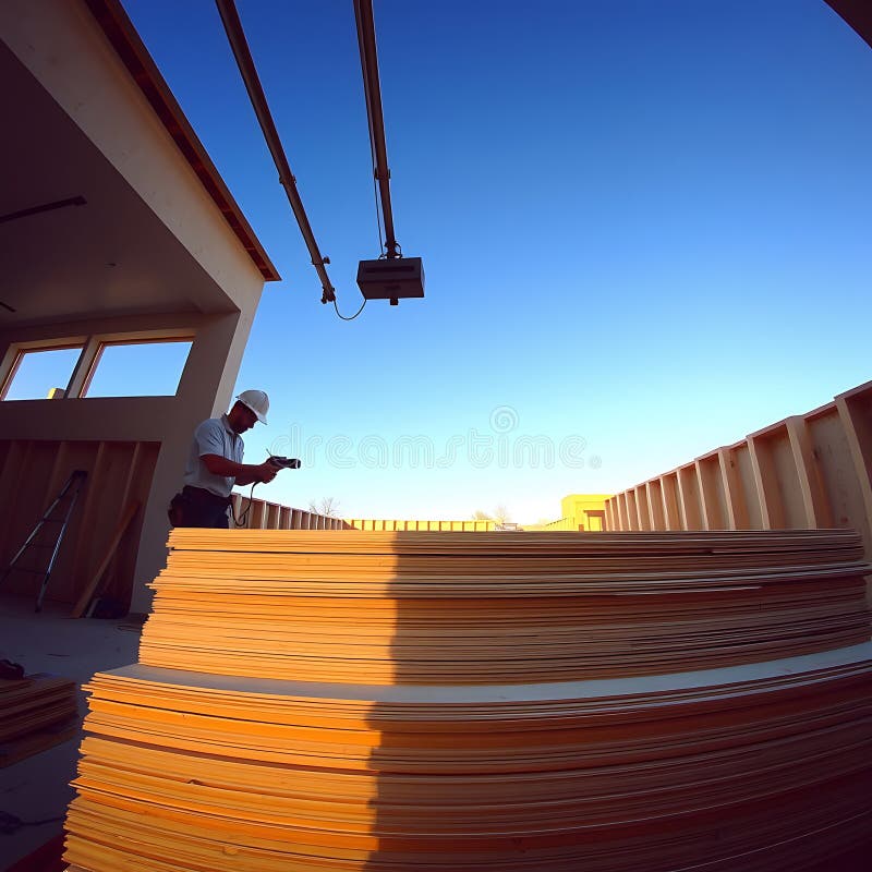 A Wide Angle Shot of a Construction Site with a Worker Using Drywall ...