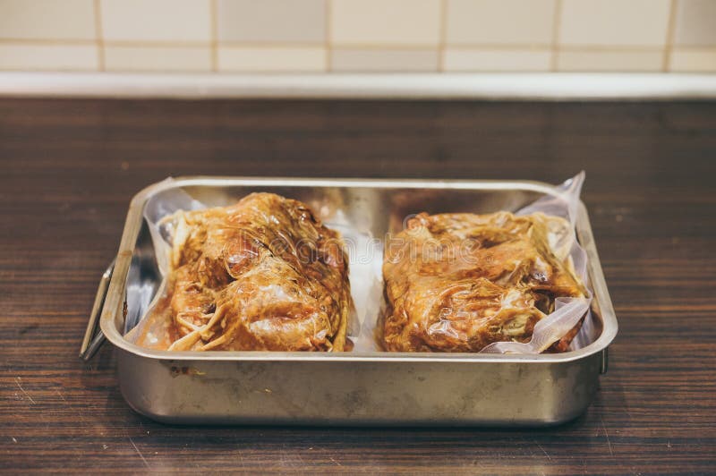Wide Angle Shot of Cooked Meat Inside a Shiny Metal Tray Stock Image ...