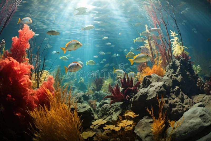 A Wide-angle Shot of Different Species Coexisting in a Lake Ecosystem ...