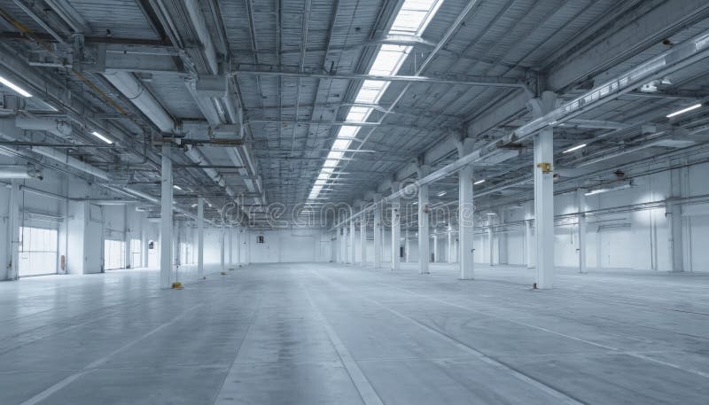 Wide-angle Shot of Empty Industrial Warehouse Interior. Rows of Support ...