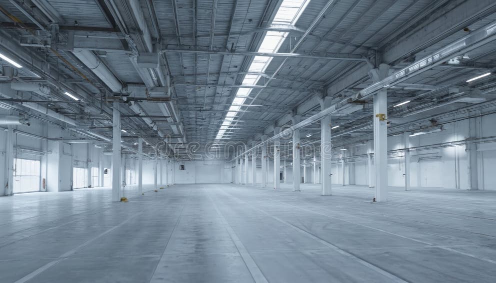 Wide-angle Shot of Empty Industrial Warehouse Interior. Rows of Support ...