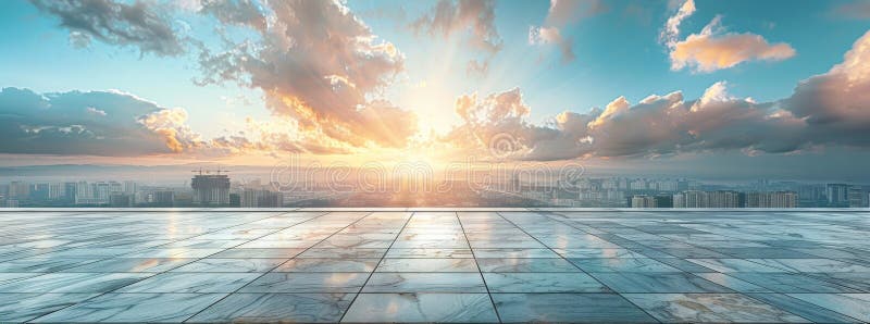 Empty Rooftop with City Skyline and Cloudy Sky Stock Image - Image of ...