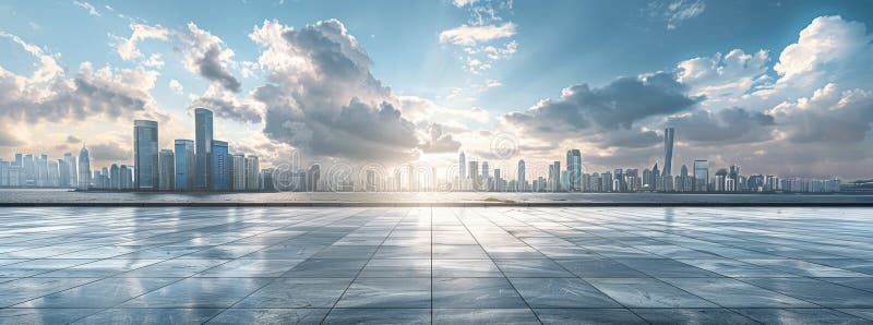 Empty Rooftop with City Skyline and Cloudy Sky Stock Image - Image of ...