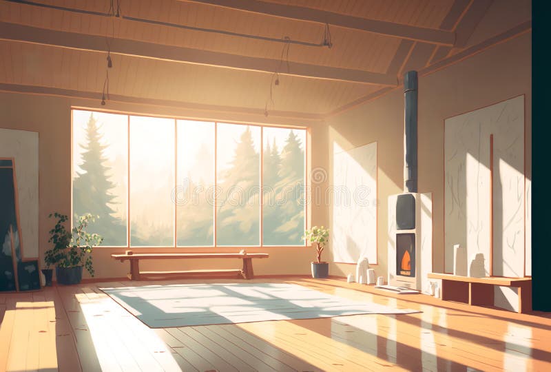 Wide-angle Shot of an Empty Yoga Studio with Natural Light Streaming in ...