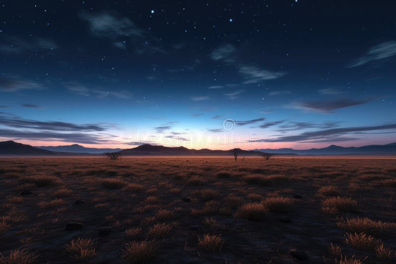 Wide-angle Shot of Endless Plains Under Twilight Sky Stock Illustration ...