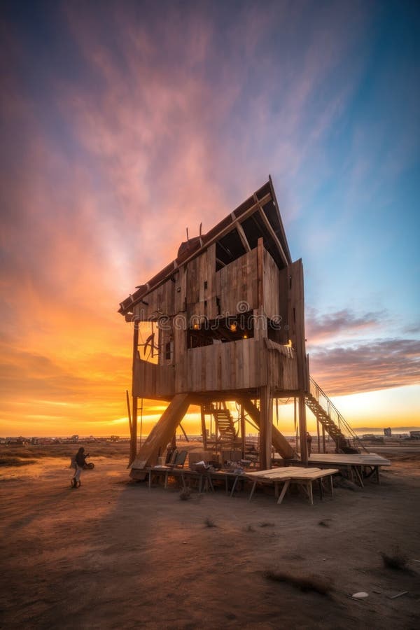 Wide-angle Shot of a Half-built Structure at Sunset Stock Illustration ...