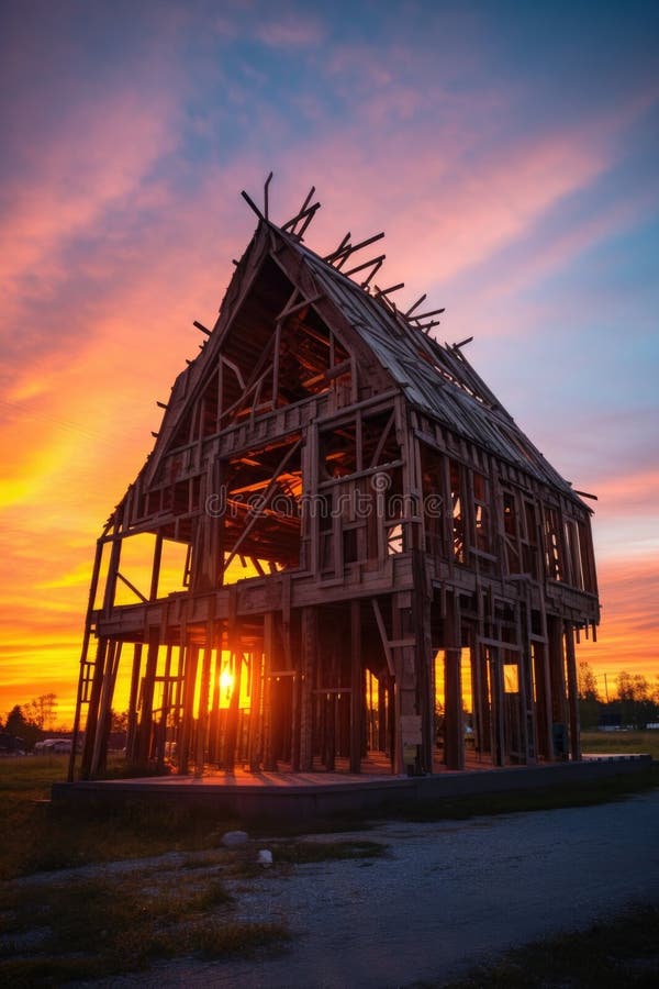 Wide-angle Shot of a Half-built Structure at Sunset Stock Illustration ...