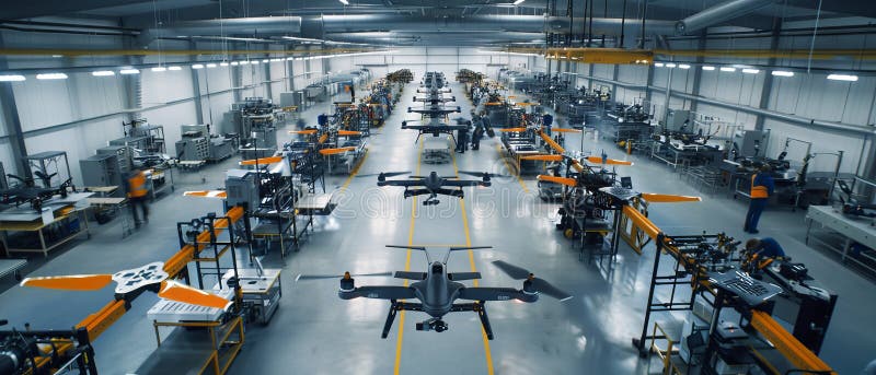 Wideangle Shot of a Hightech Drone Production Line with Drones in ...
