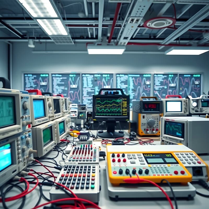 Wide Angle Shot of a High Tech Electronics Lab with Oscilloscopes ...