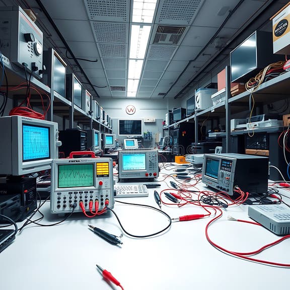 Wide Angle Shot of a High Tech Electronics Lab with Oscilloscopes ...