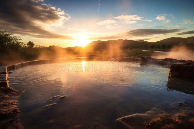 Wide-angle Shot of a Hot Spring with Steam Rising Against a Sunset ...