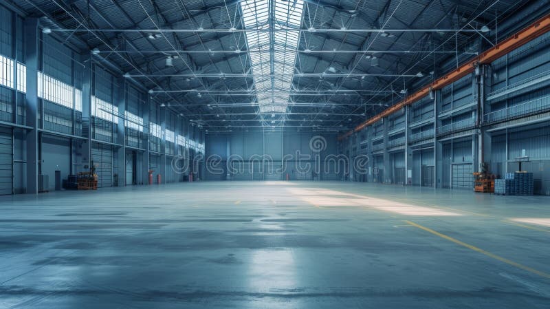 Wide-angle Shot of a Large, Empty Industrial Warehouse with Rows of ...