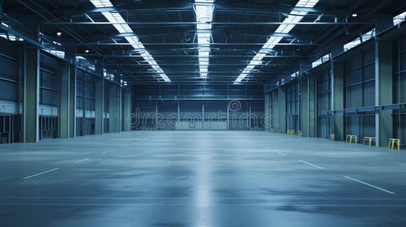 Wide-angle Shot of a Large, Empty Industrial Warehouse with Rows of ...