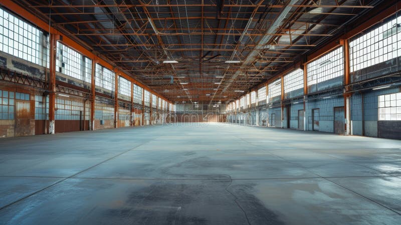 Wide-angle Shot of a Large, Empty Industrial Warehouse with Rows of ...