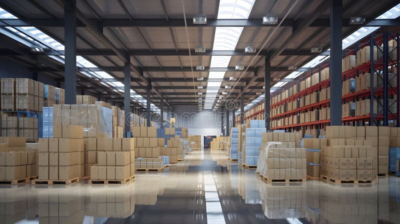 Large Warehouse Interior with Cardboard Boxes and Shelving Stock ...