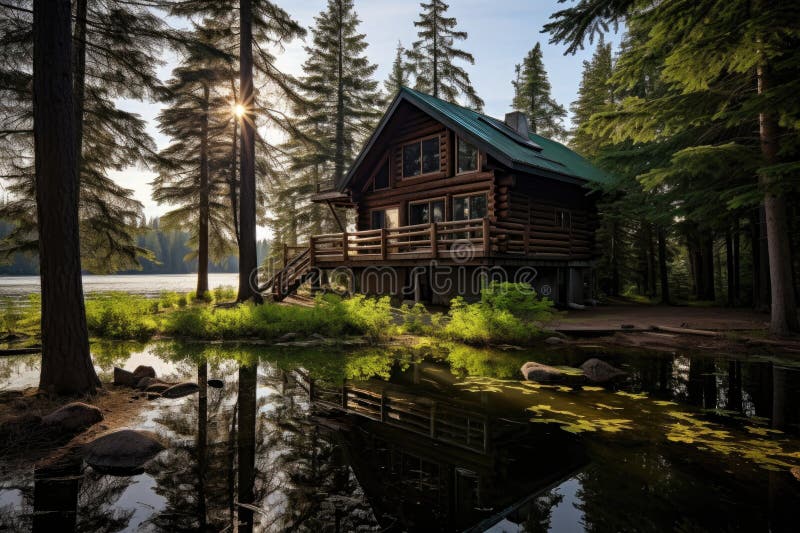 Wide Angle Shot of a Log Cabin Nestled among Towering Pine Trees Stock ...