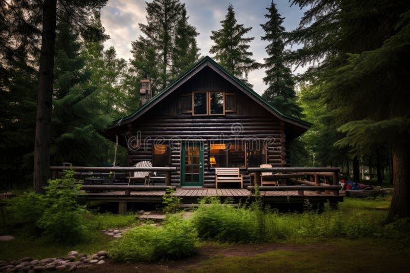 Wide Angle Shot of a Log Cabin Nestled among Towering Pine Trees Stock ...