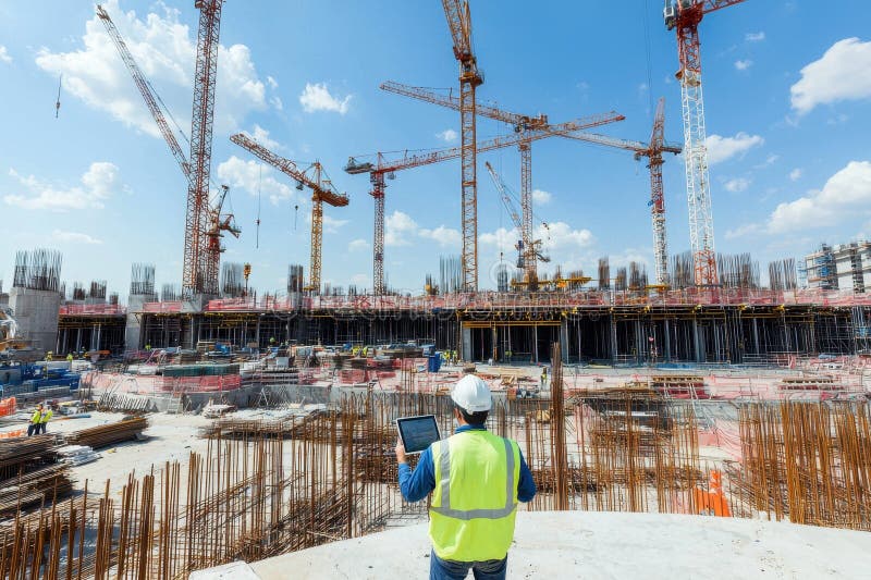 Wide Angle Shot of Massive Construction Site with Worker and Cranes in Action Stock Image ...