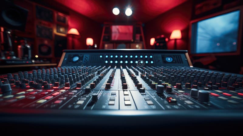 Wide-Angle Shot of a Mixing Console in a Recording Studio Illuminated ...